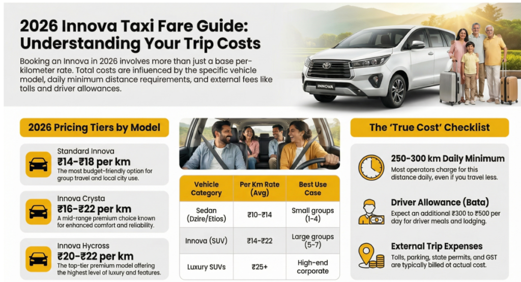 Innova Per Km Rate in India 2026 – Latest Fare & Cost Guide